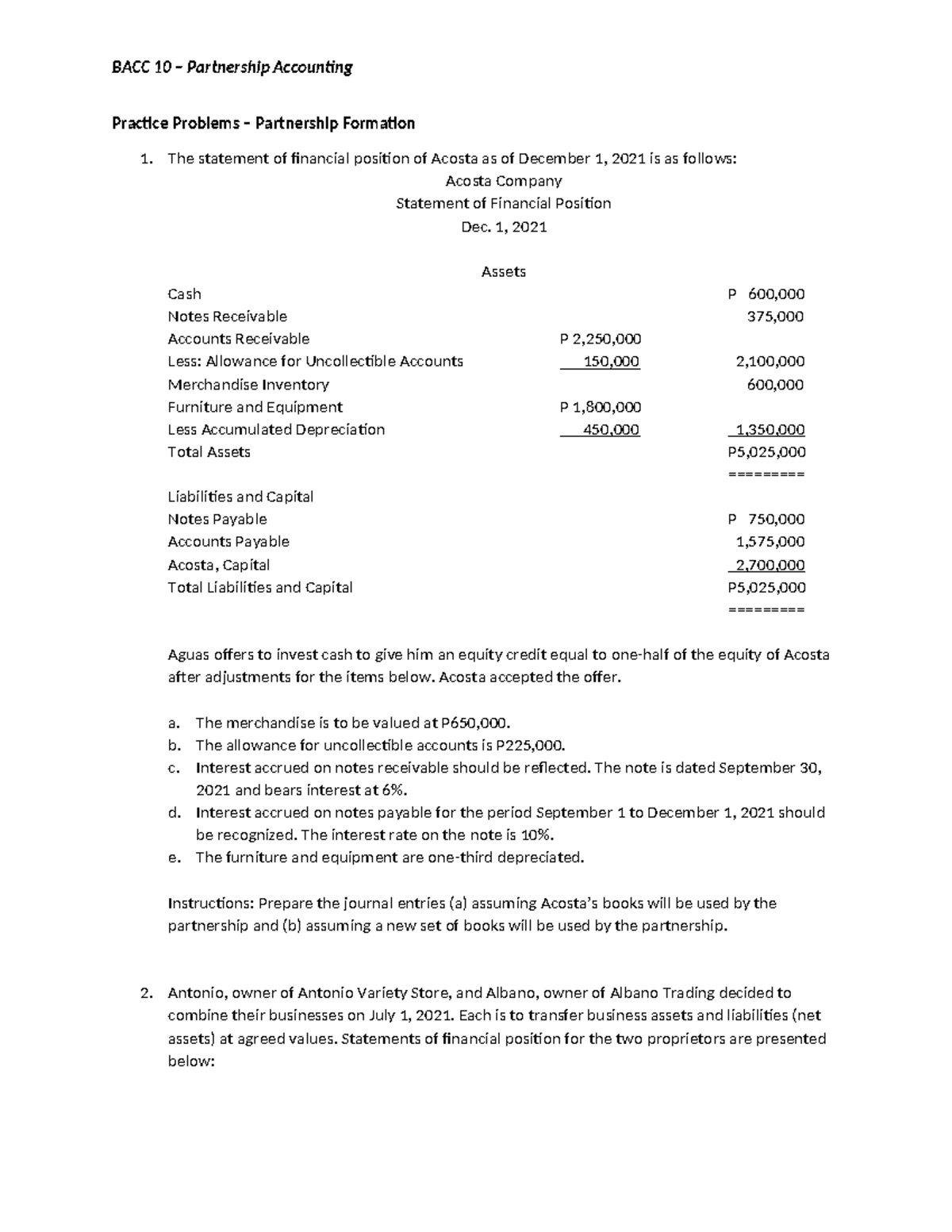 Practice Problems Part 1-Partnership Formation - BACC 10 – Partnership ...