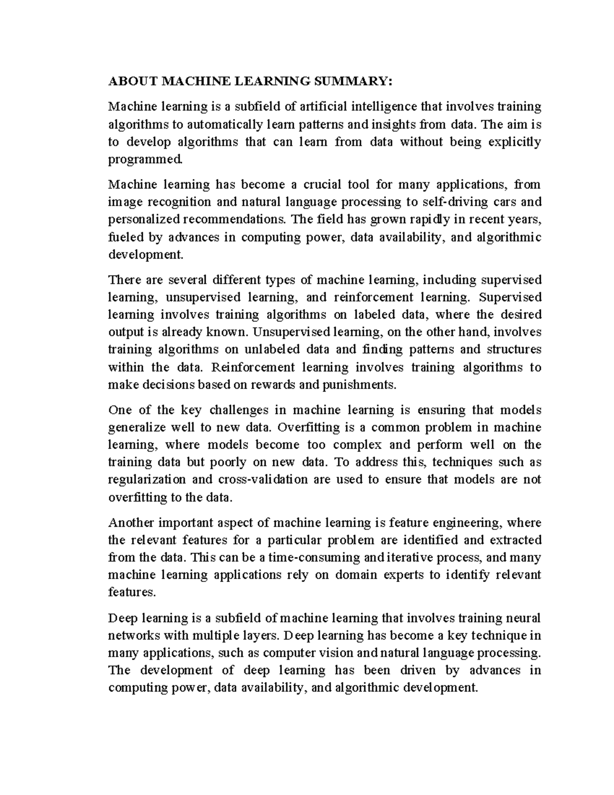 Machine Learning Summary - ABOUT MACHINE LEARNING SUMMARY: Machine ...