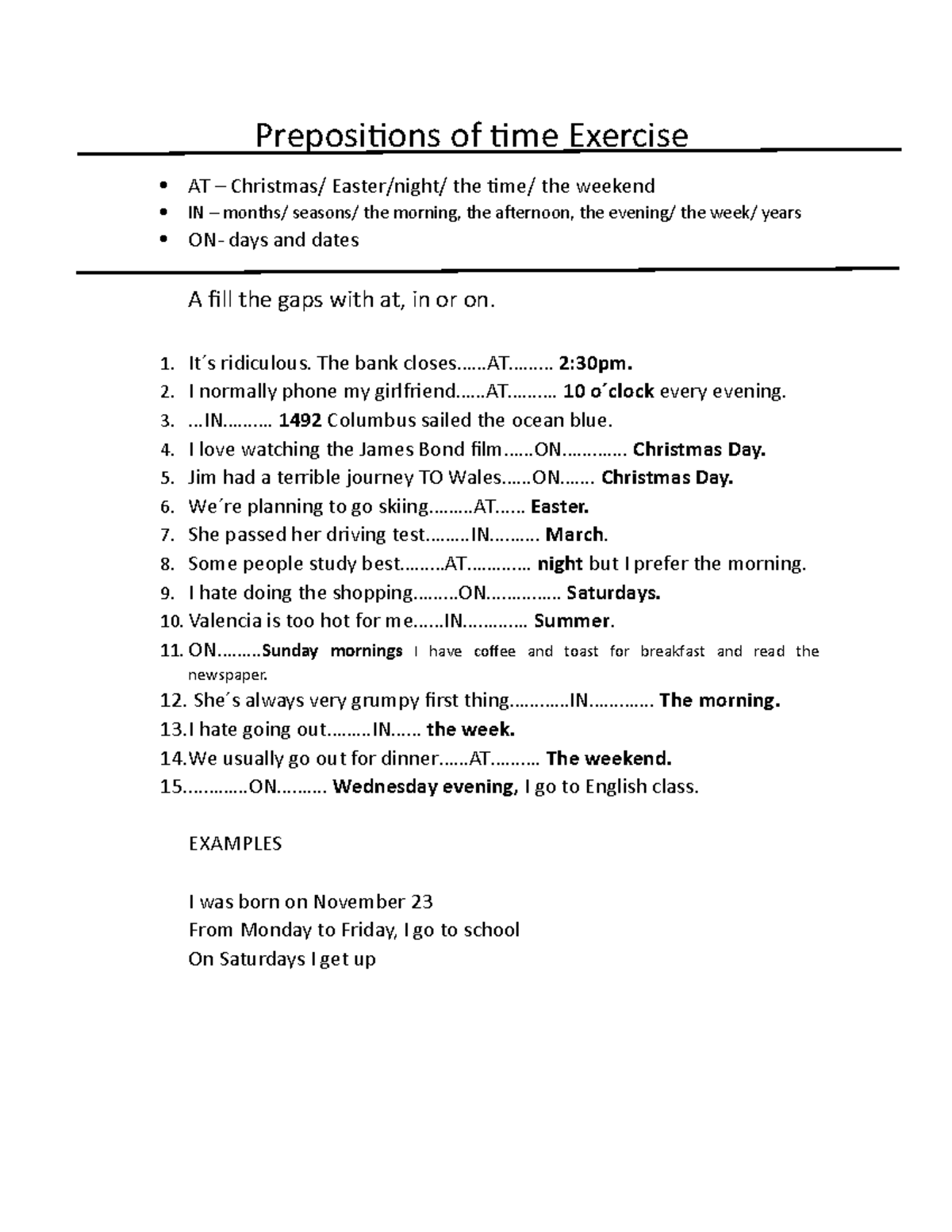 Prepositions of time Exercise - Prepositions of time Exercise AT ...