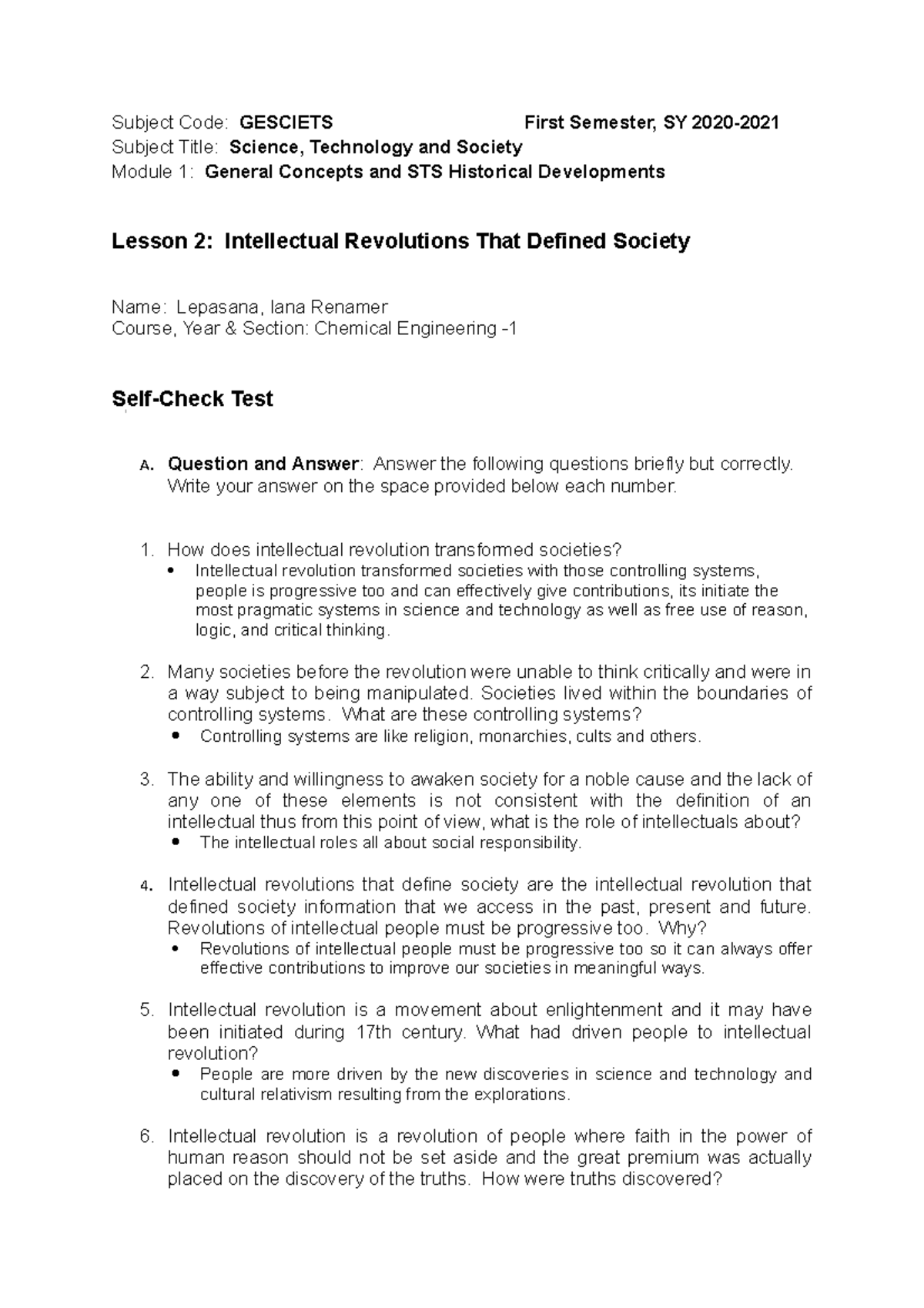 STS-SELF Check Lesson 2 - Subject Code: GESCIETS First Semester, SY ...