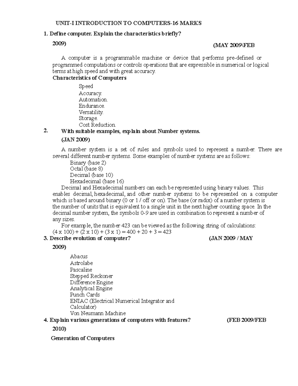 FOC 16 marks - NIL - UNIT-I INTRODUCTION TO COMPUTERS-16 MARKS 1. Define computer. Explain the ...