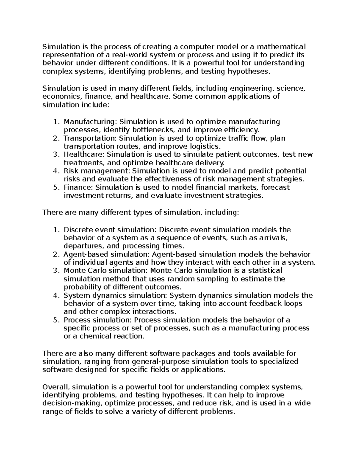 Simulation Summary - Simulation is the process of creating a computer ...