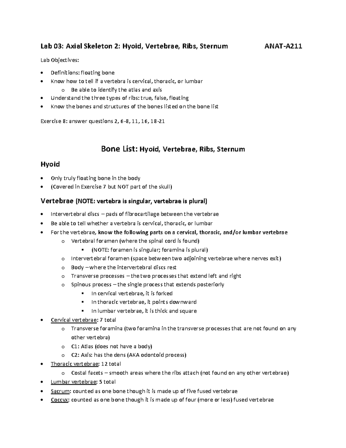 Lab 03 Outline - This lab will accompany A210, Human Anatomy. This ...