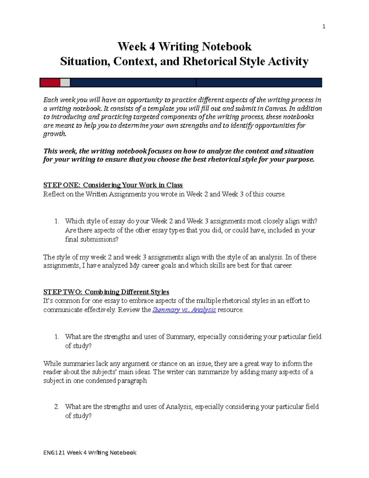 Week 4 Writing Notebook - 1 Week 4 Writing Notebook Situation, Context ...