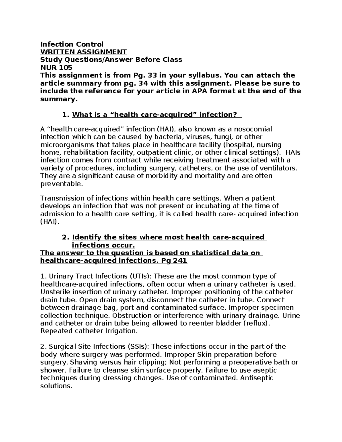 Infection Control Homework - Infection Control WRITTEN ASSIGNMENT Study Questions/Answer Before ...