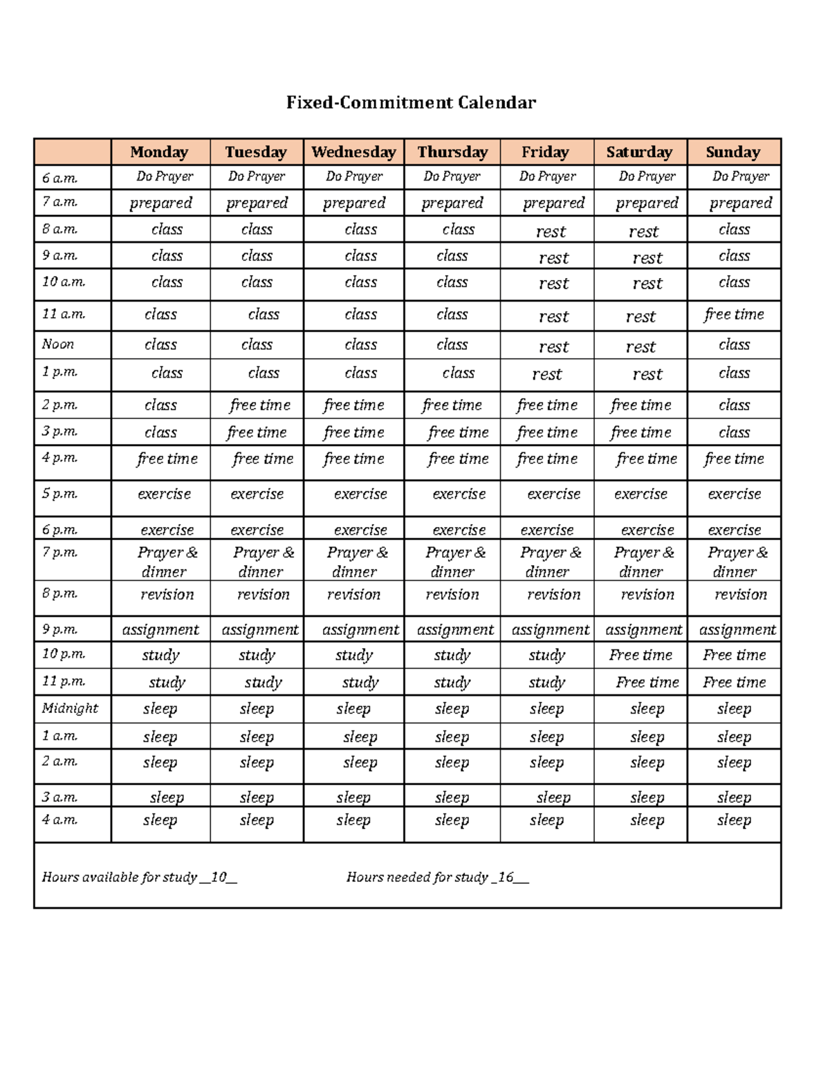 table ued for ued - Fixed-Commitment Calendar Monday Tuesday Wednesday ...
