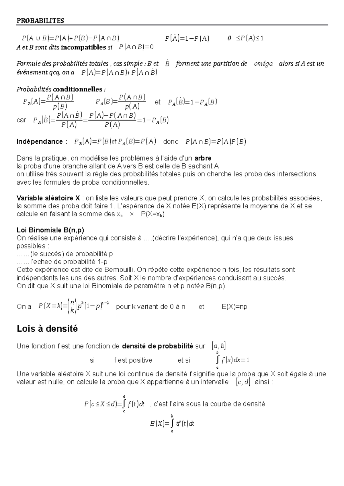 Proba PROBABILITES P A B P A P B P A B P A 1 P A 0 P A 