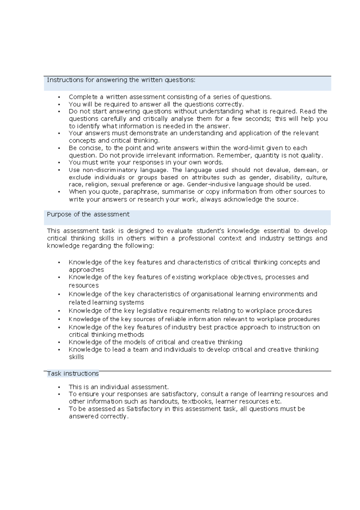 The Concept of Critical Thinking - Assessment Task 1: Knowledge Test ...