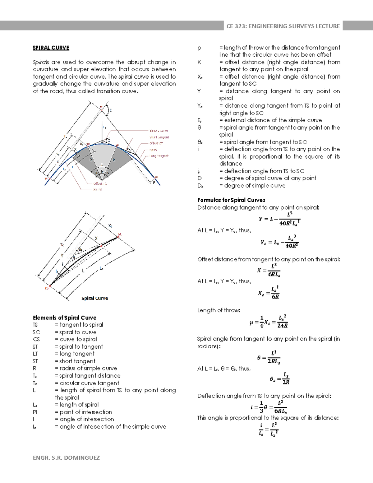 Pdfcoffee - lecture-50-spiral-curve-pdf-free - CE 323: ENGINEERING SURVEYS LECTURE ENGR. S ...