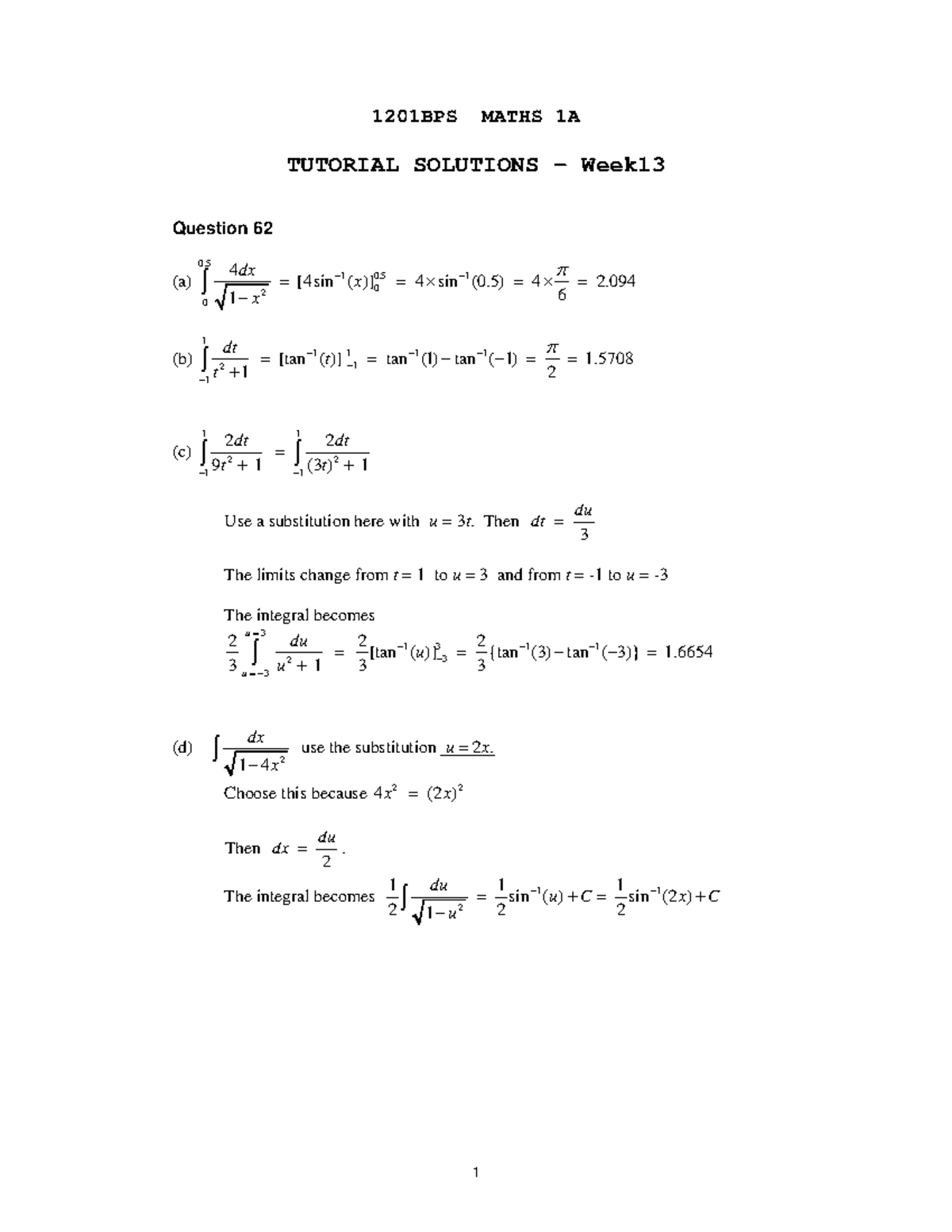 Tutorial work - all 13 weeks of tutorial solutions - 1201BPS MATHS 1A ...