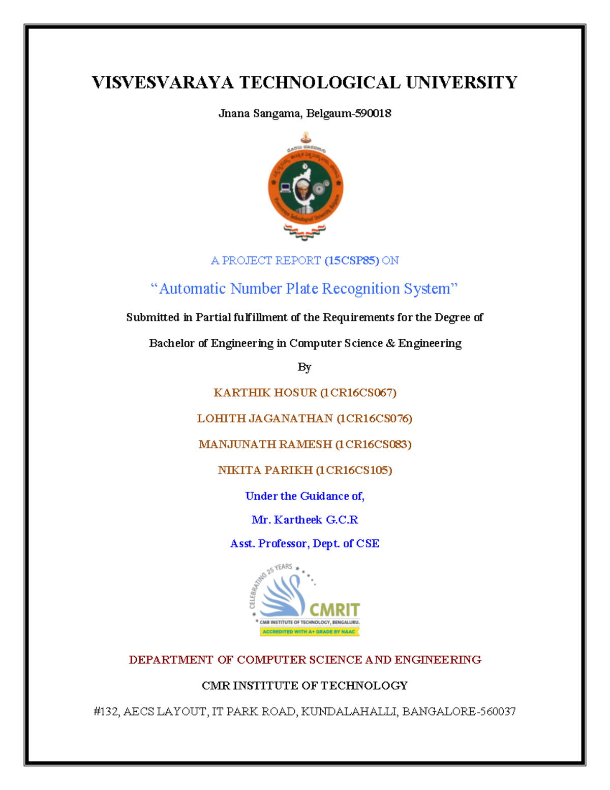 PR3187 - ANPR report - Karthik Hosur - VISVESVARAYA TECHNOLOGICAL ...