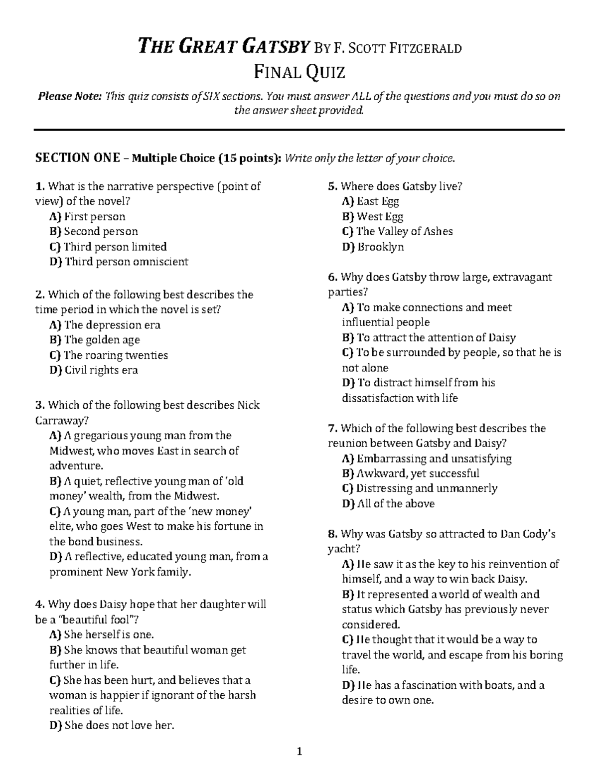 Gatsby Final Quiz - THE GREAT GATSBY BY F. SCOTT FITZGERALD FINAL QUIZ ...