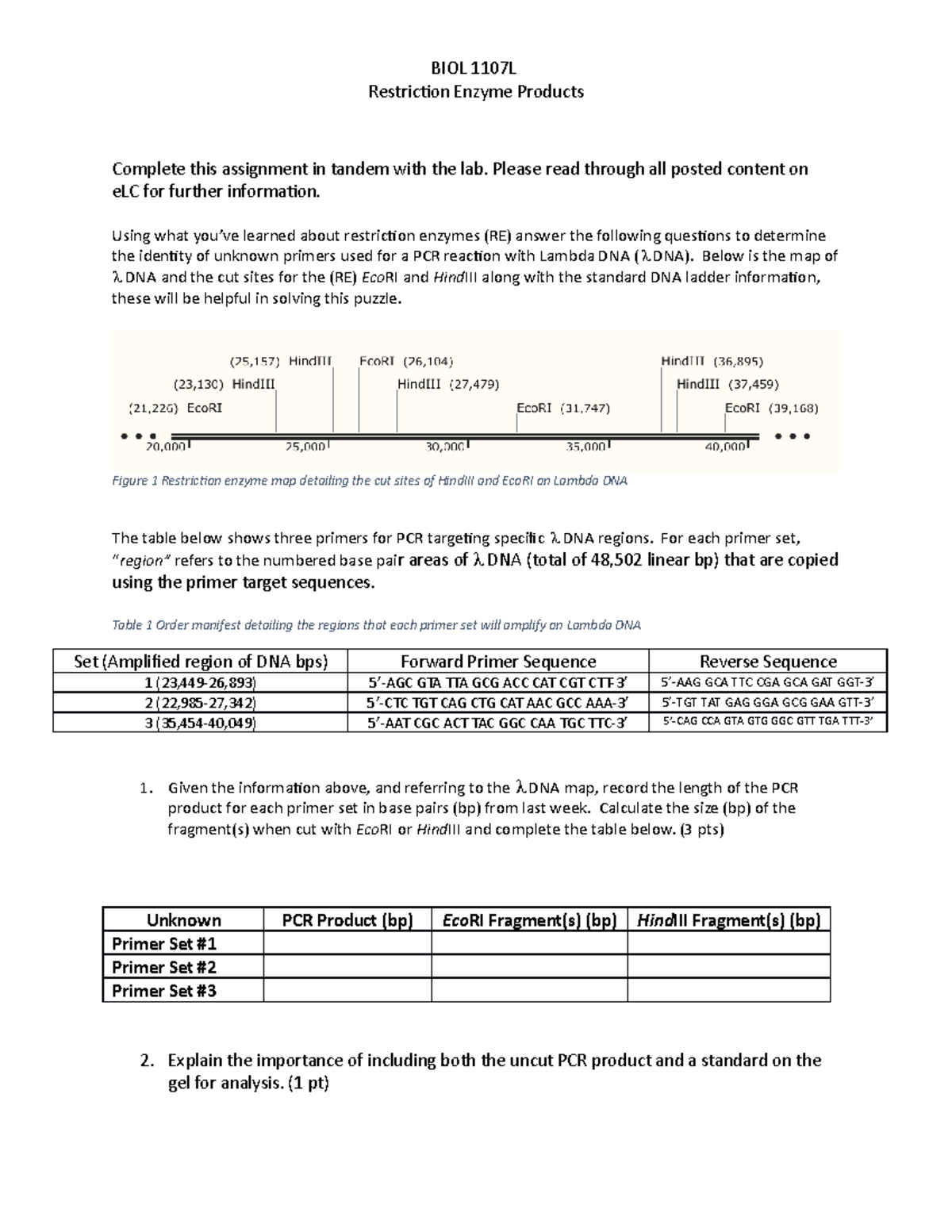 BIOL 1107L Restriction Enzyme Products - BIOL 1107L Restriction Enzyme ...