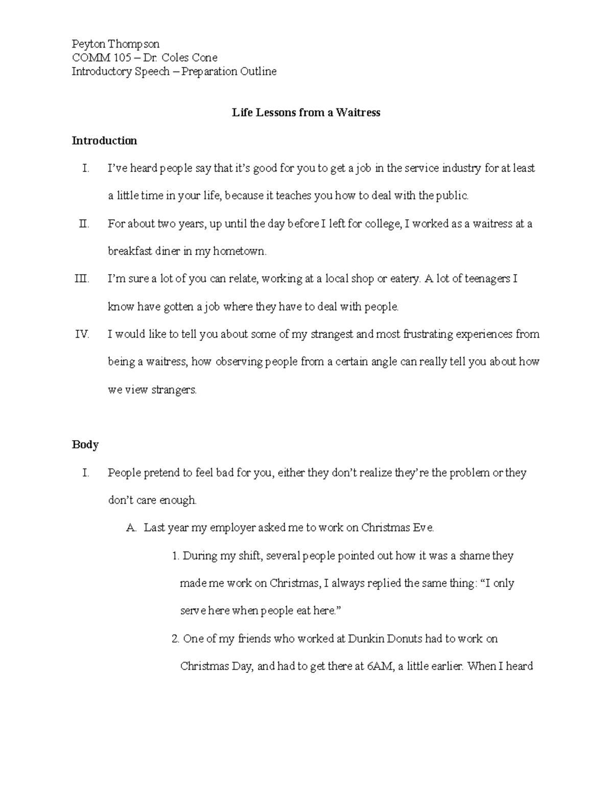COMM 105 Speech of Introduction - Outline Example - Peyton Thompson ...