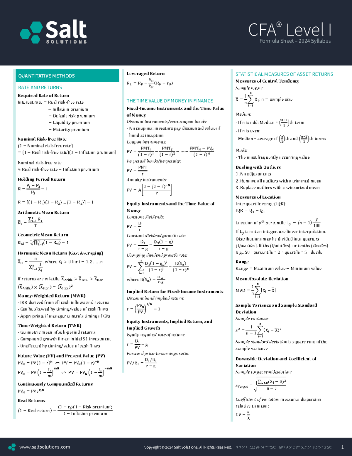 Salt cfa level 1 formulasheet 2024 very helpful - CFA ® Level I Formula ...