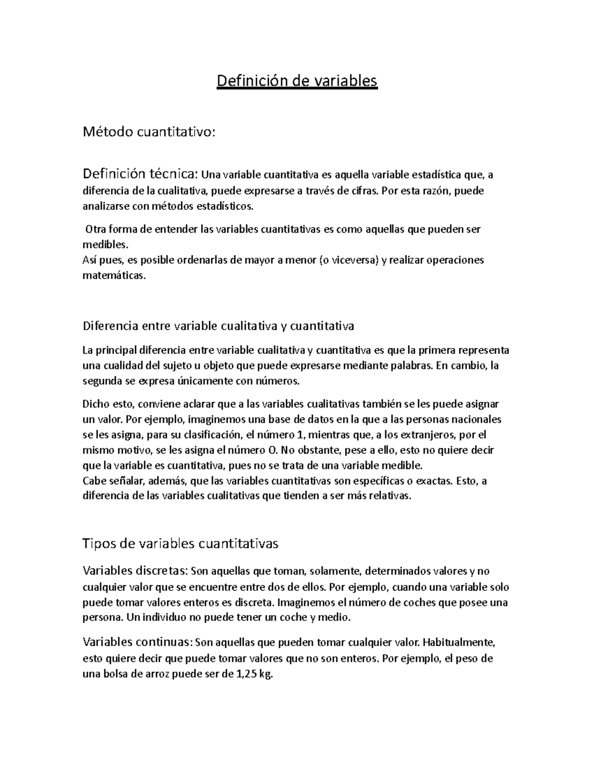 Definición de variables - Definición de variables Método cuantitativo ...