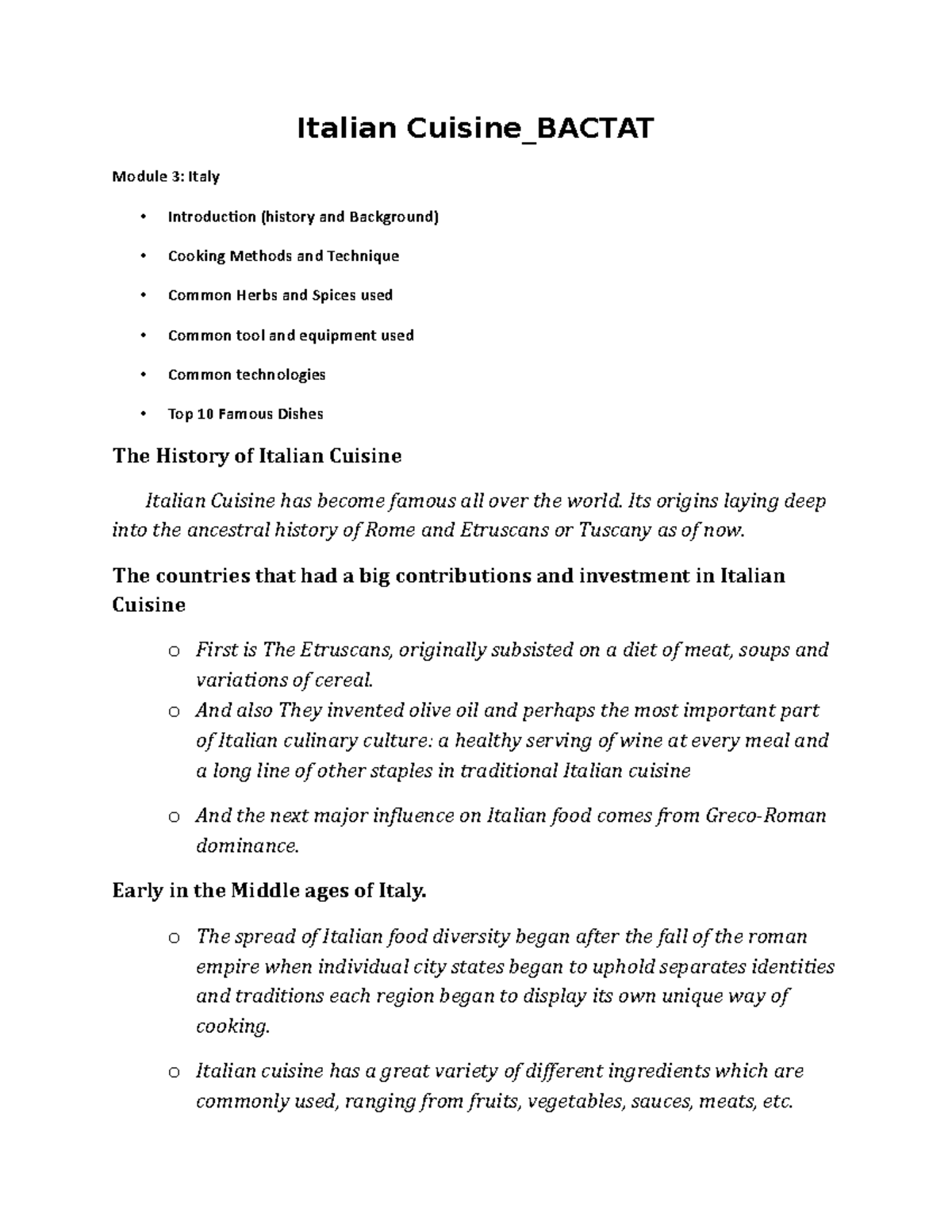 Italian Cuisine 3 - Lecture notes 3 - Italian Cuisine_BACTAT Module 3 ...