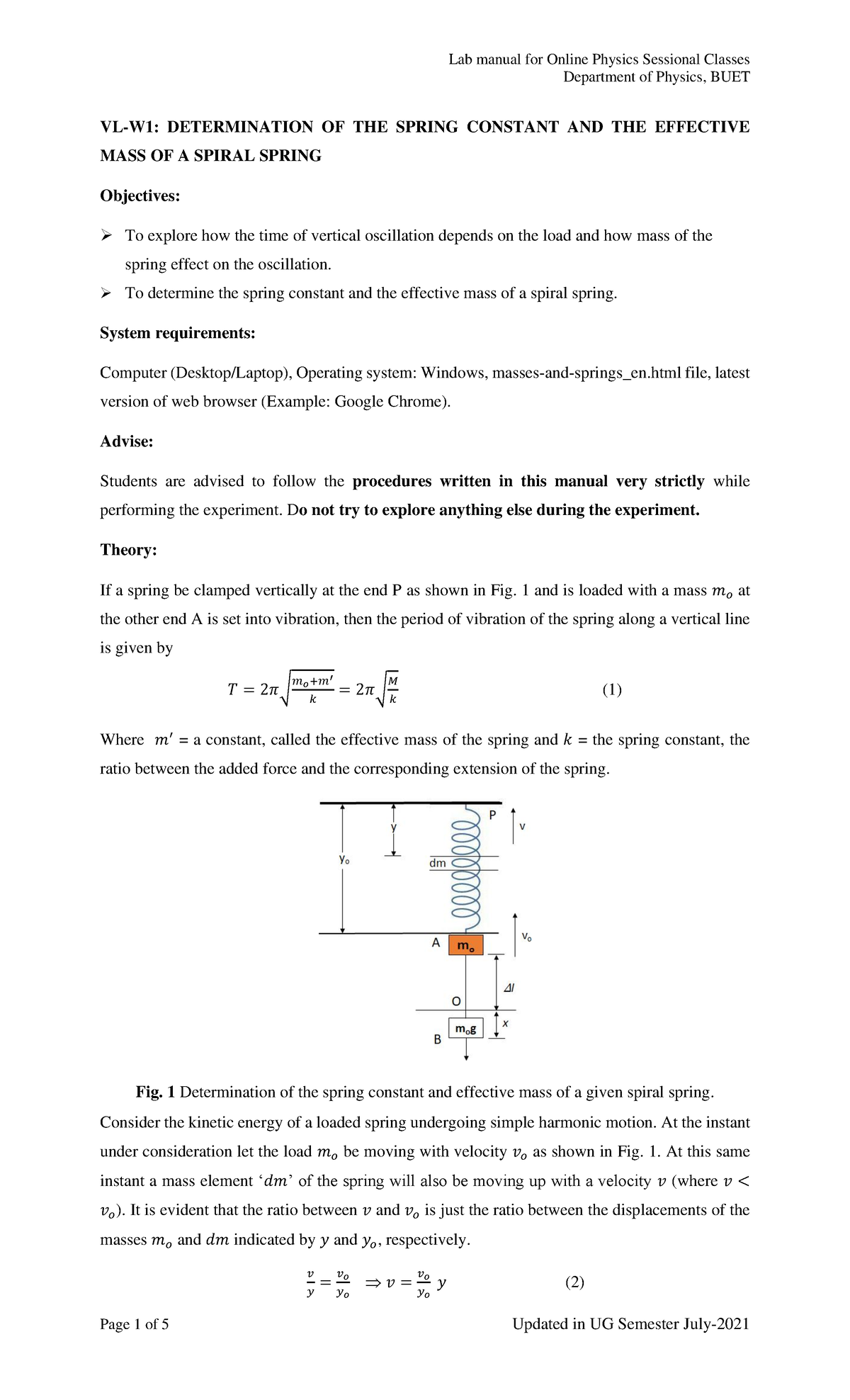 VL-W1-Spring Constant Experiment Final - Department of Physics, BUET VL ...