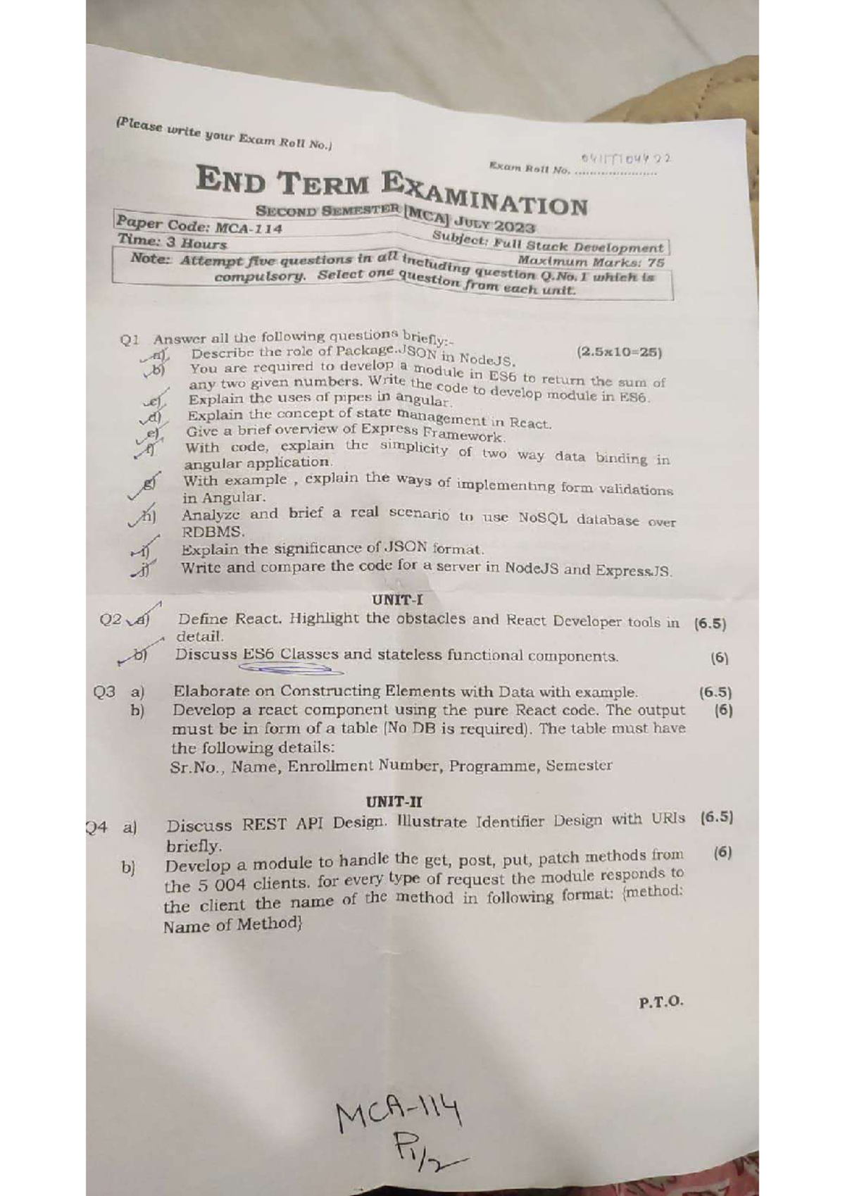 FSD External Paper June2023 - (Please write your Exam Roll No ...