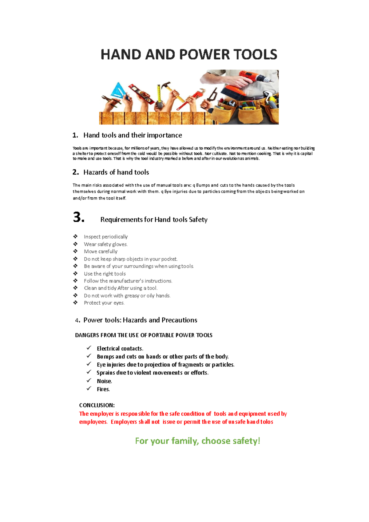 WORK Ingles - HAND AND POWER TOOLS 1. Hand tools and their importance ...