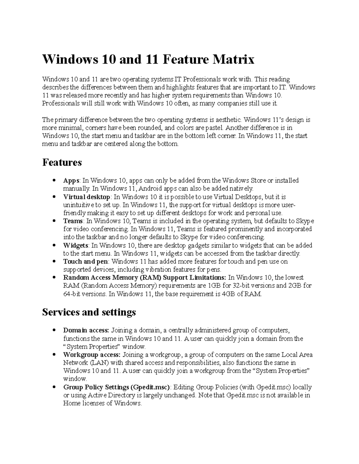 Windows 10 and 11 Feature Matrix - Windows 10 and 11 Feature Matrix ...