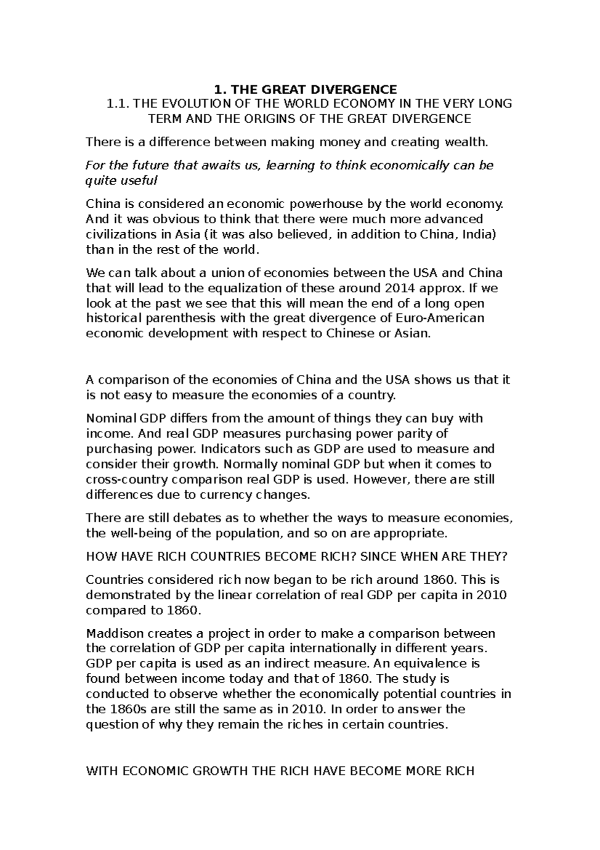 Lesson 12 History of Economic Thought - 1. THE GREAT DIVERGENCE 1. THE ...
