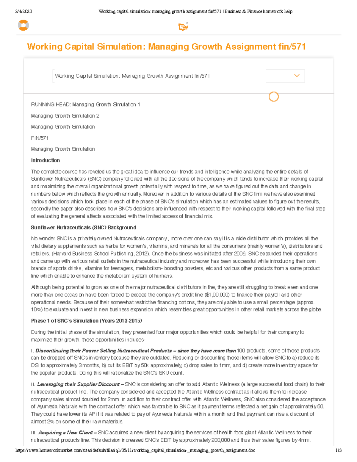 Working capital simulation managing growth assignment fin 571 Business ...