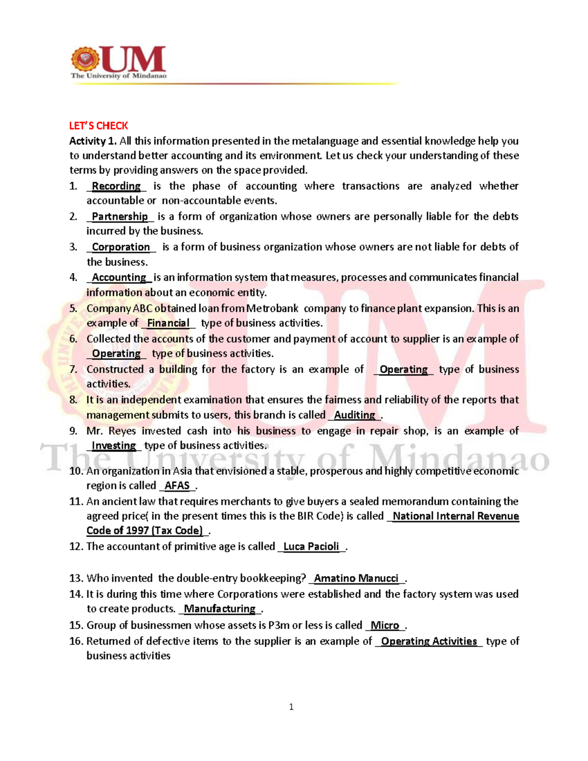 ACC Activity-1 - Activity 1 - 1 LET’S CHECK Activity 1. All this ...