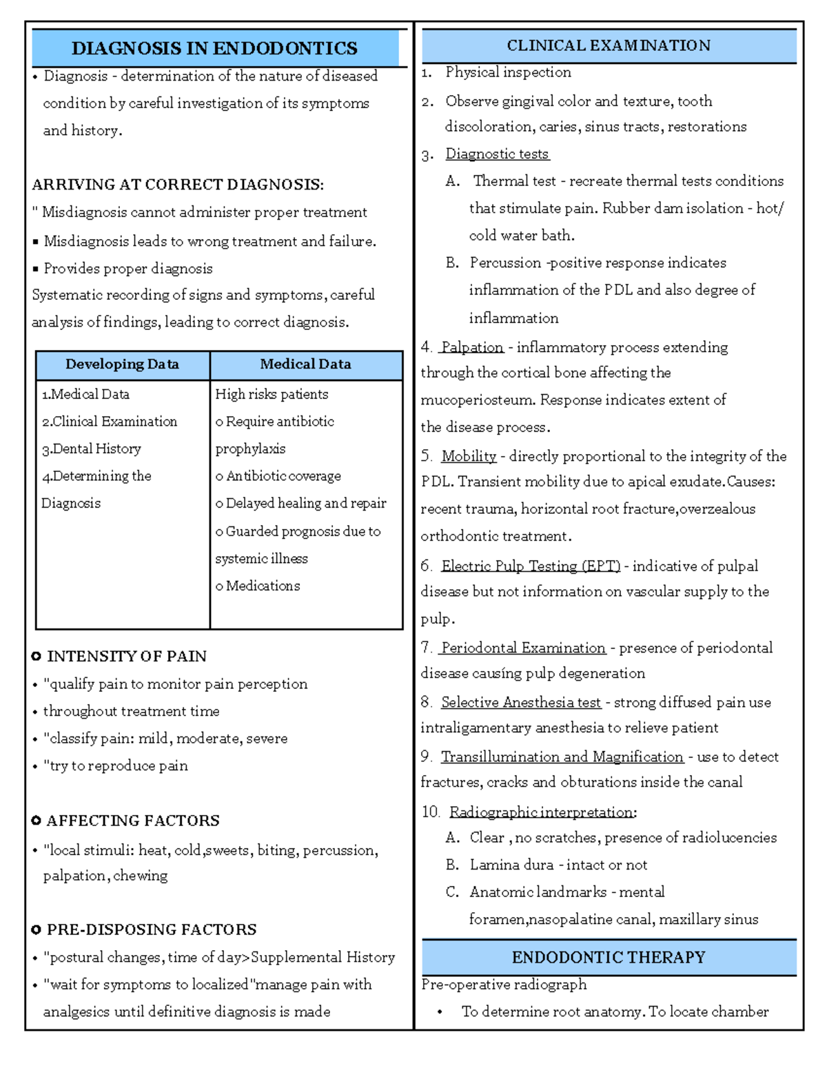 ENDO LEC #3 - DIAGNOSIS IN ENDODONTICS • Diagnosis - determination of ...