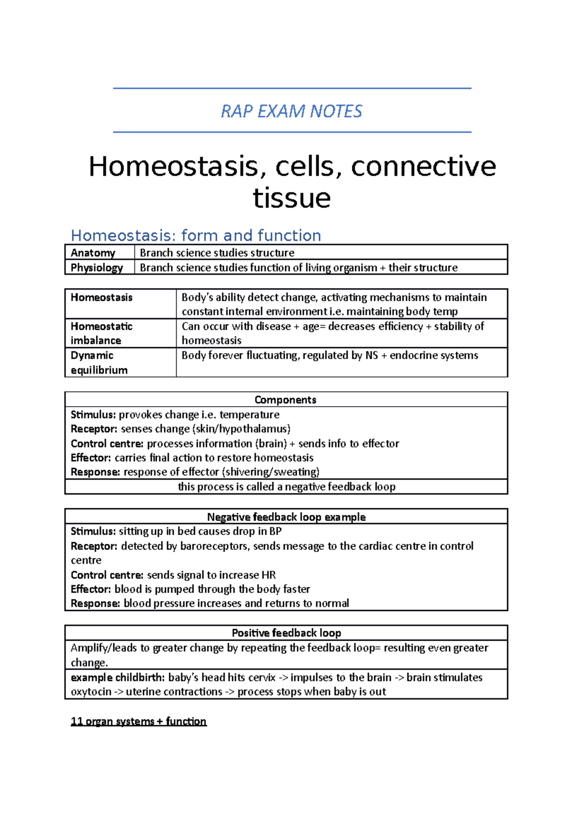 RAP EXAM Notes copy - RAP EXAM NOTES Homeostasis, cells, connective ...