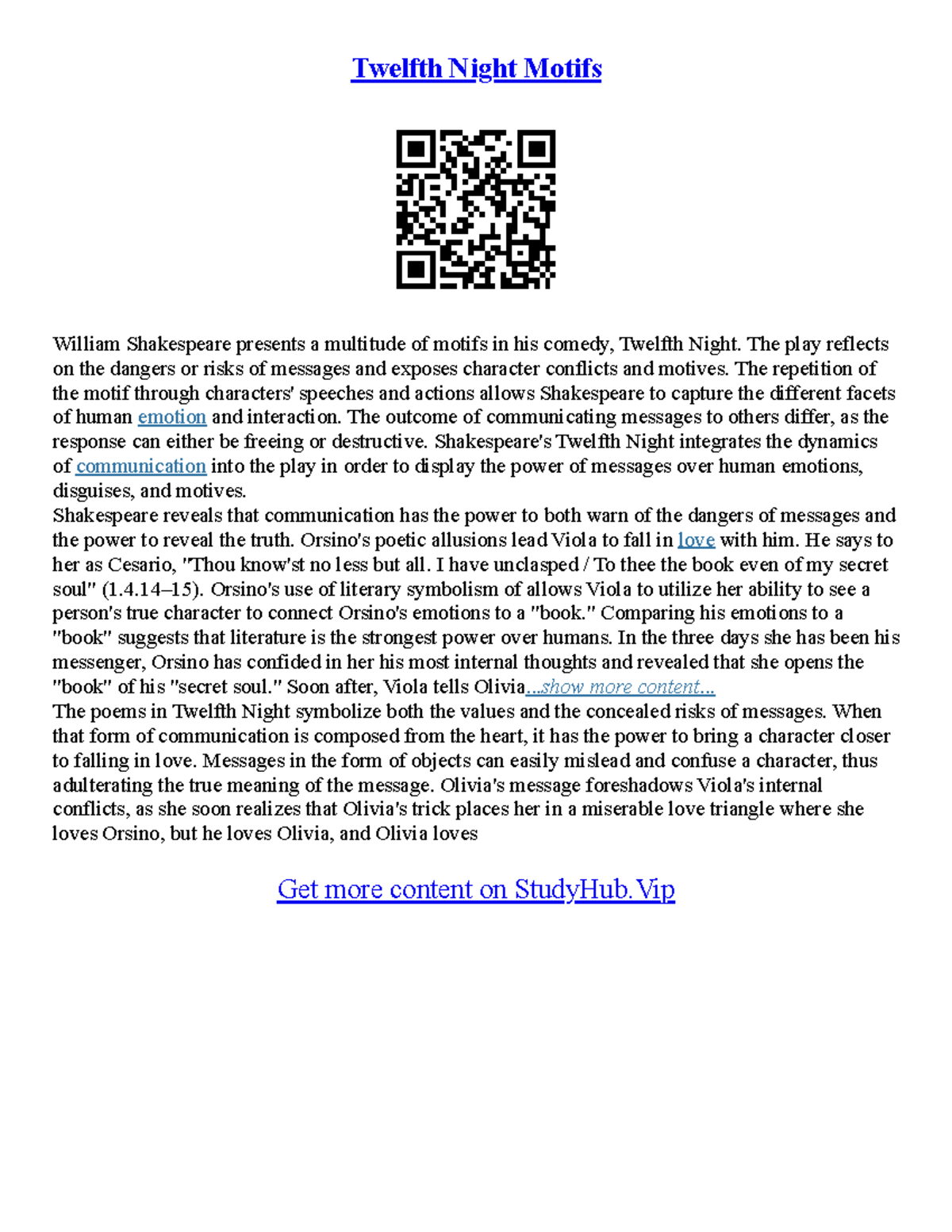 Twelfth Night Essay - Twelfth Night Motifs William Shakespeare presents ...
