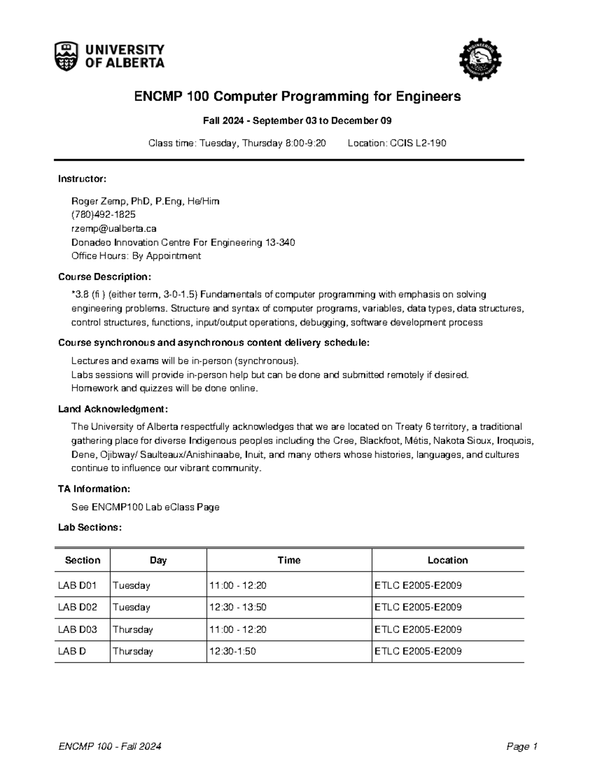 Syllabus - nothing needed - ENCMP 100 Computer Programming for Engineers Fall 2024 - September ...