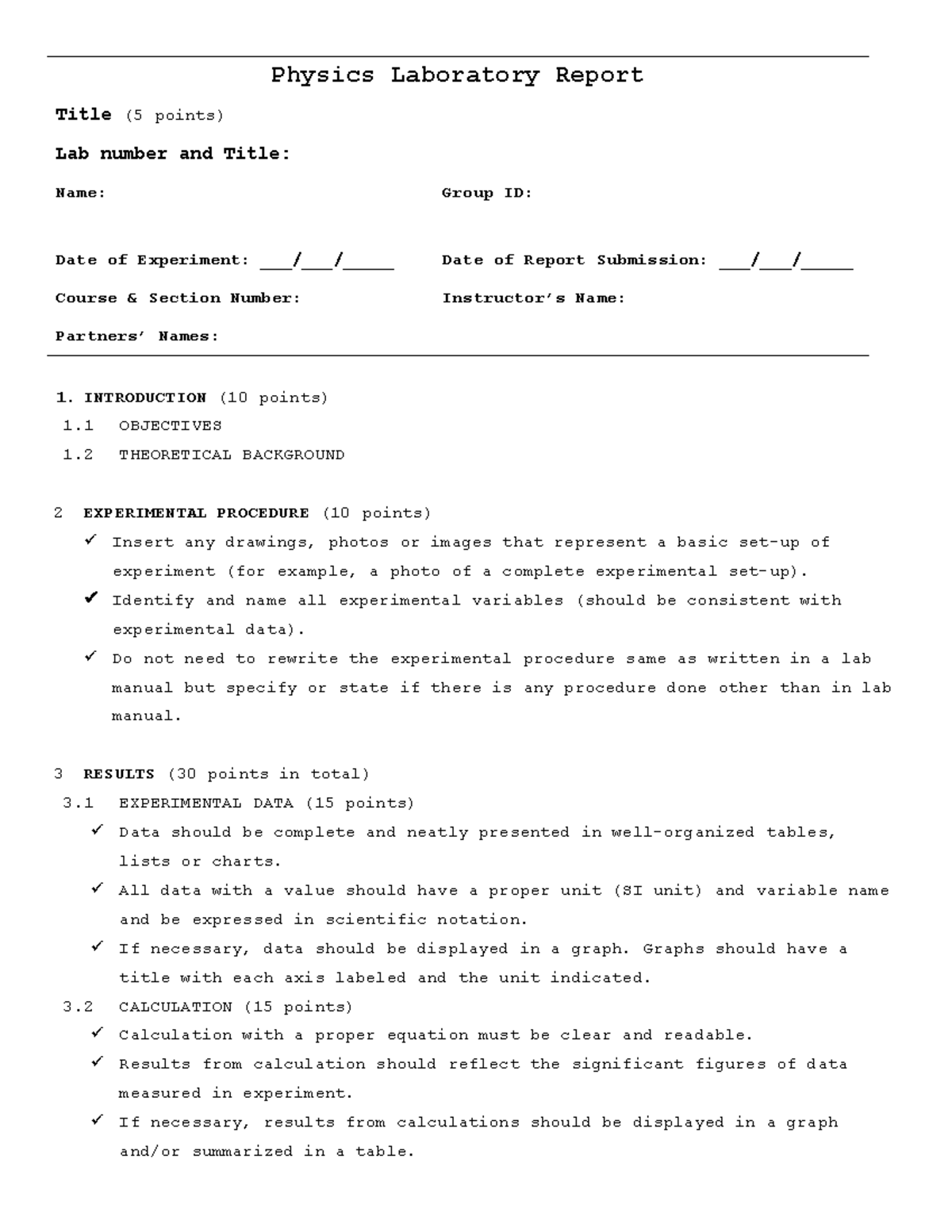 Lab report template with grading rubric - Physics Laboratory Report ...