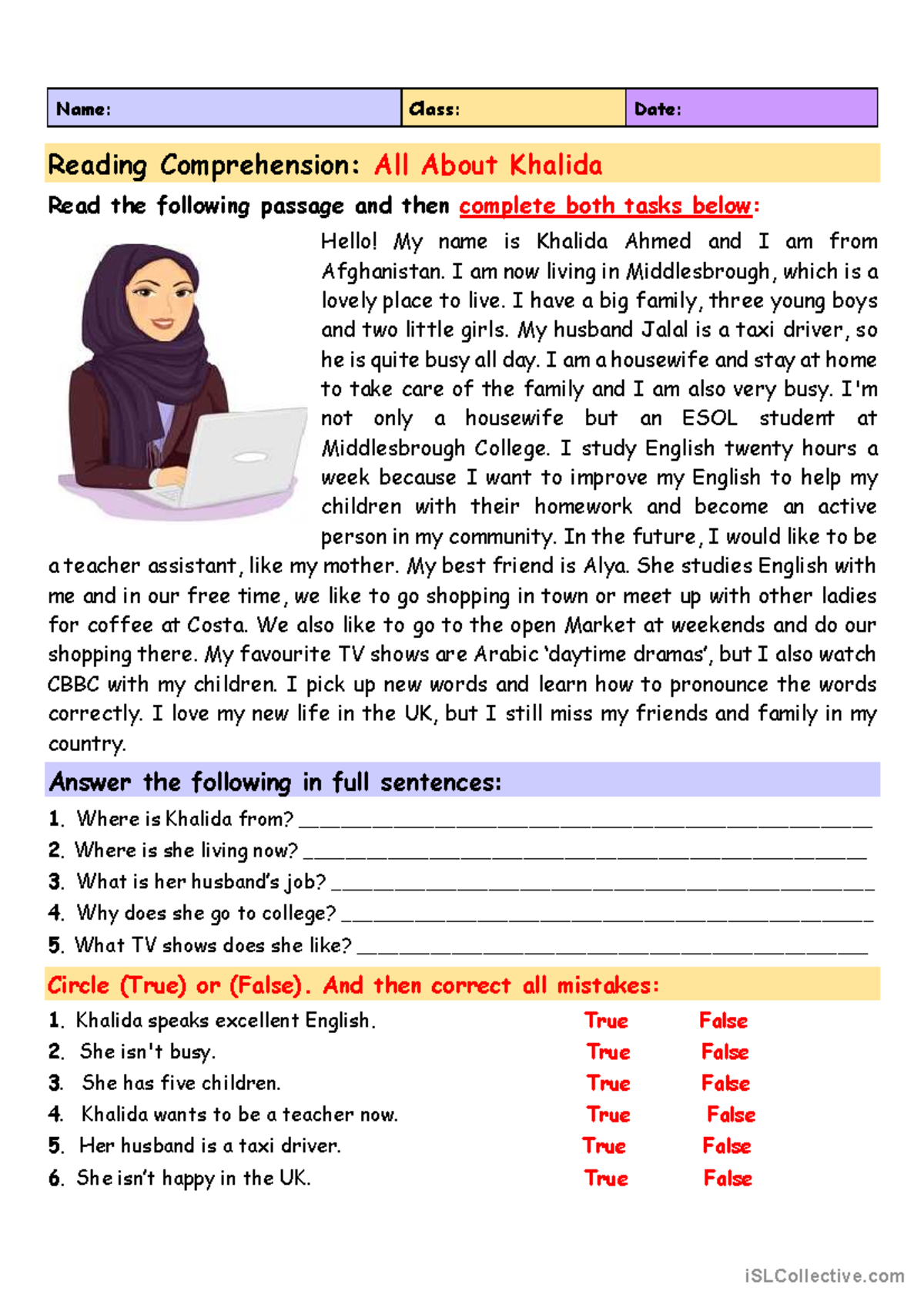 Reading Comprehension Introducing Myself - Reading Comprehension: All ...