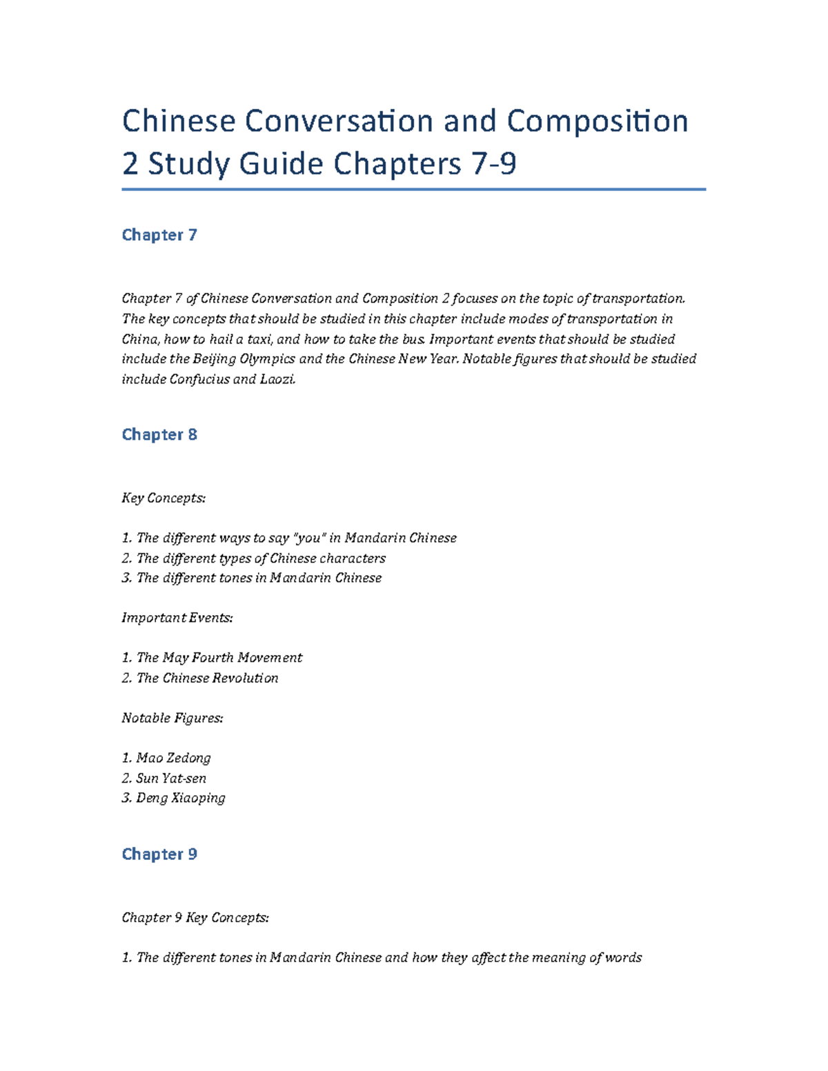 Chinese Conversation and Composition 2 Study Guide Chapters 7-9 - The ...