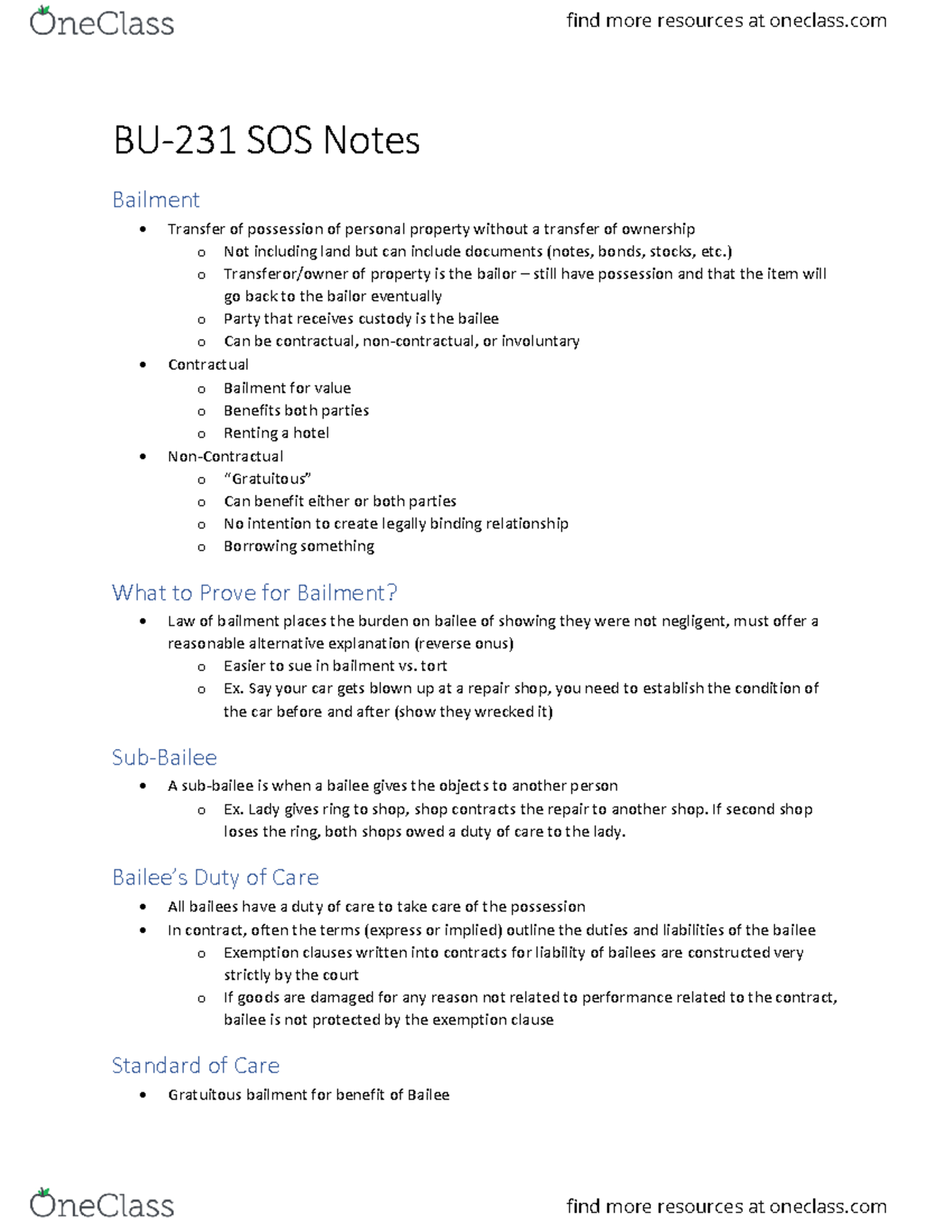 BU231-SOS Notes - BU-Ϯϯϭ SOS Notes Bailment Transfer of possession of ...