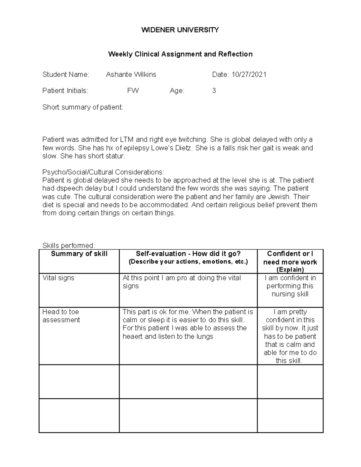 Clinical Assignment and Reflection - WIDENER UNIVERSITY Weekly Clinical ...