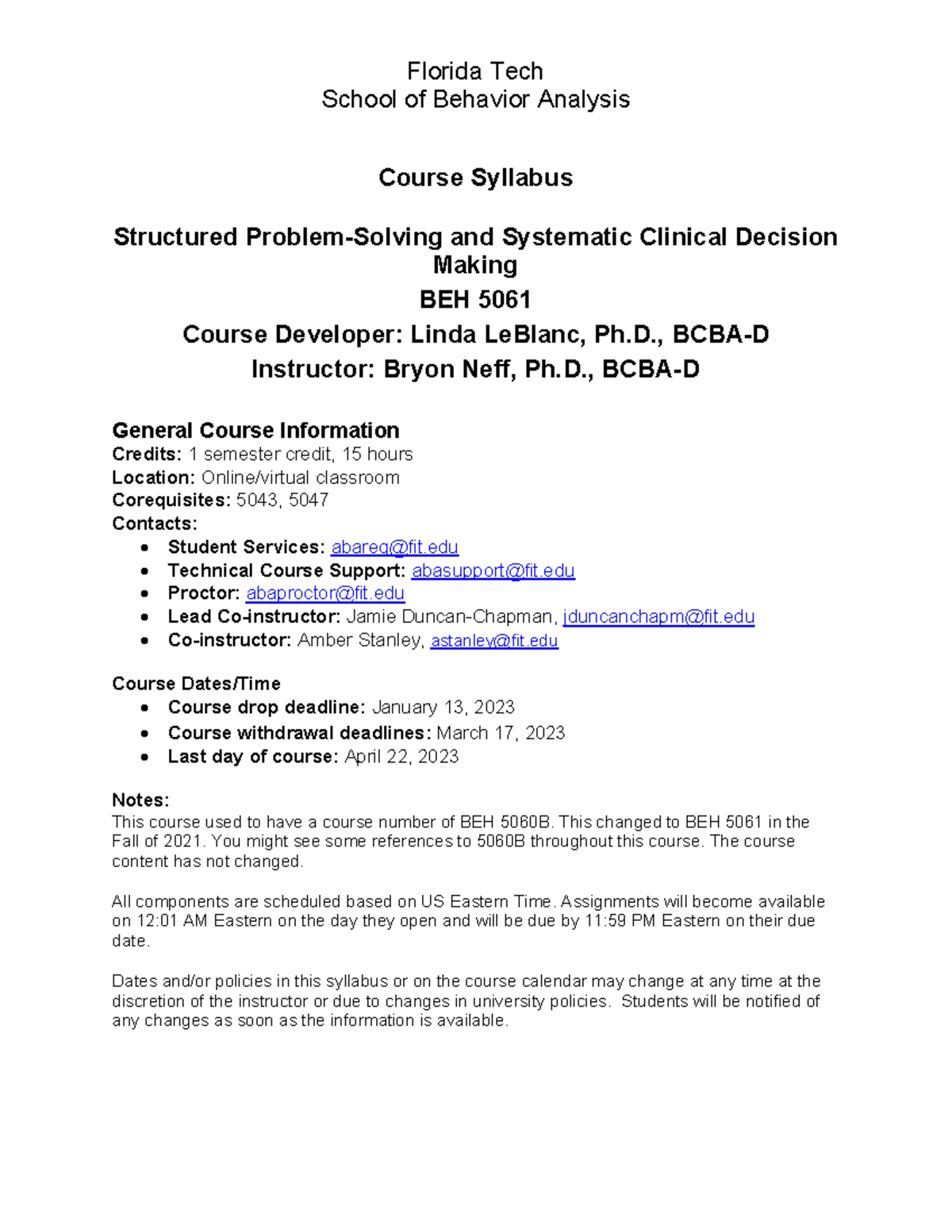 5061 Spring 2023 Syllabus - School of Behavior Analysis Course Syllabus ...