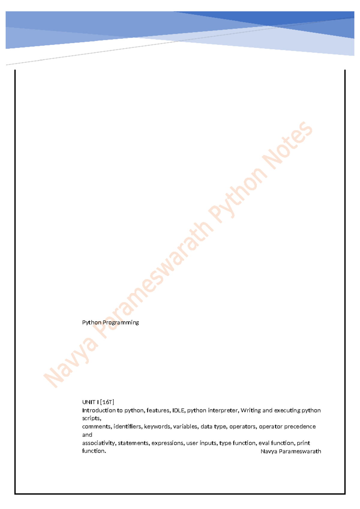 Introduction to Python module 1 - Python Programming Navya Parameswarath UNIT I [16T ...