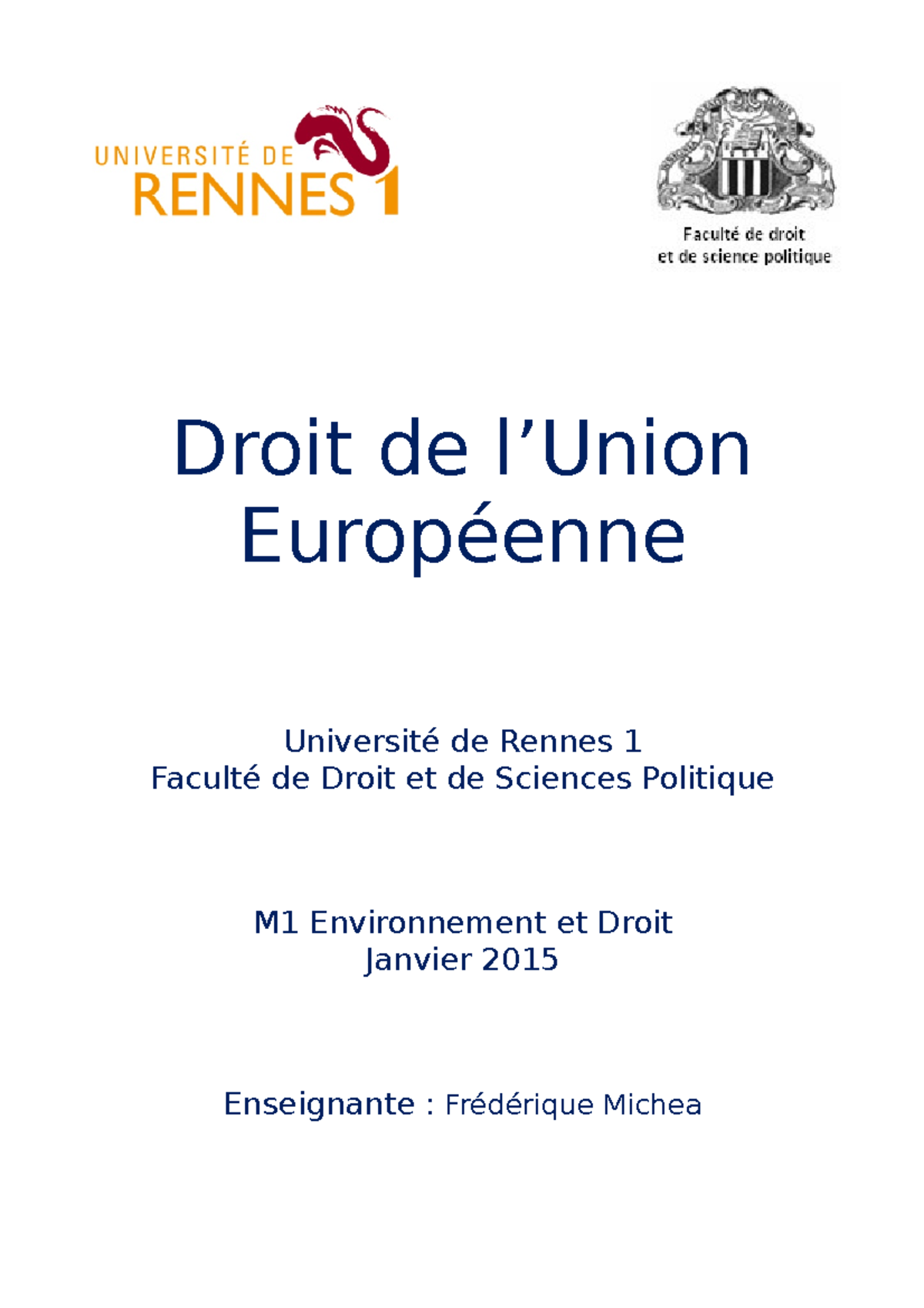 Cours - Droit de l'Union Européenne - Droit de l’Union Européenne ...