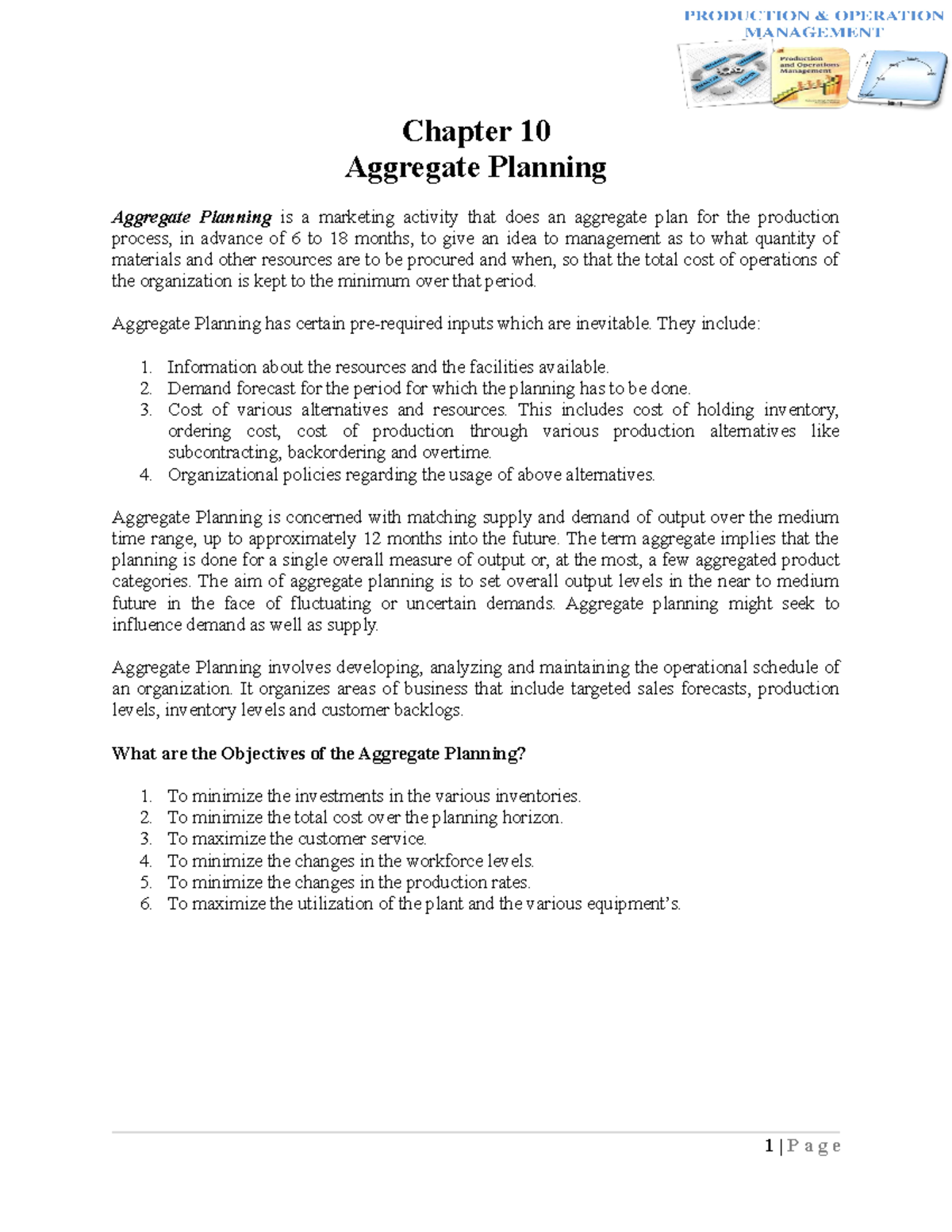 Chapter 10 - Discussion about Production Management - Chapter 10 Aggregate Planning Aggregate ...