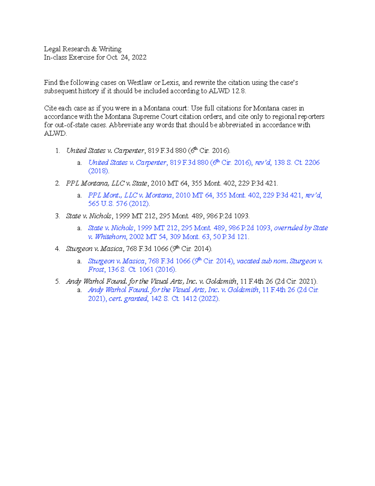Subsequent History Exercise 102422 Answer Key - Legal Research ...
