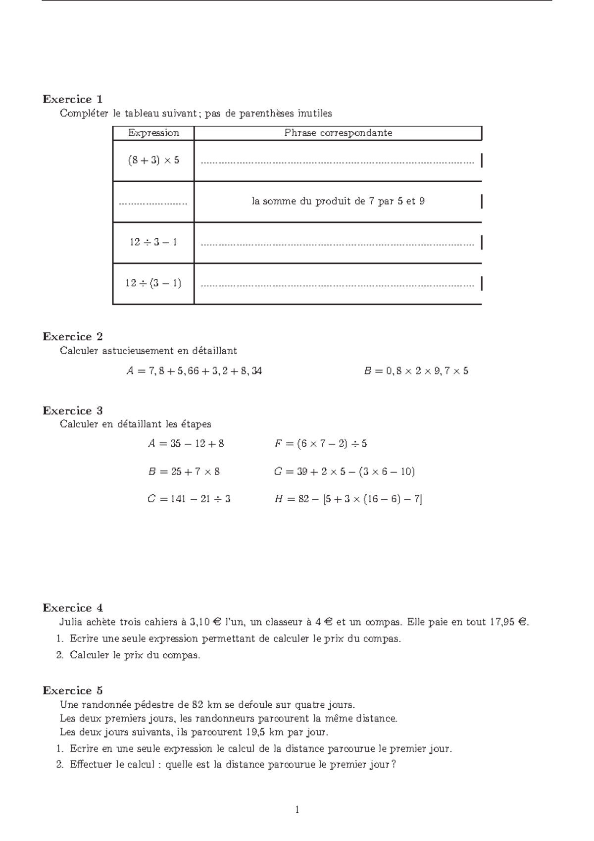 enchainement - exercices sur l'enchainement des opération - Exercice 1 ...