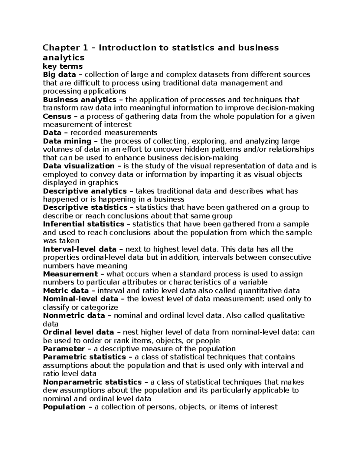 Key terms stats - notes - Chapter 1 – Introduction to statistics and ...