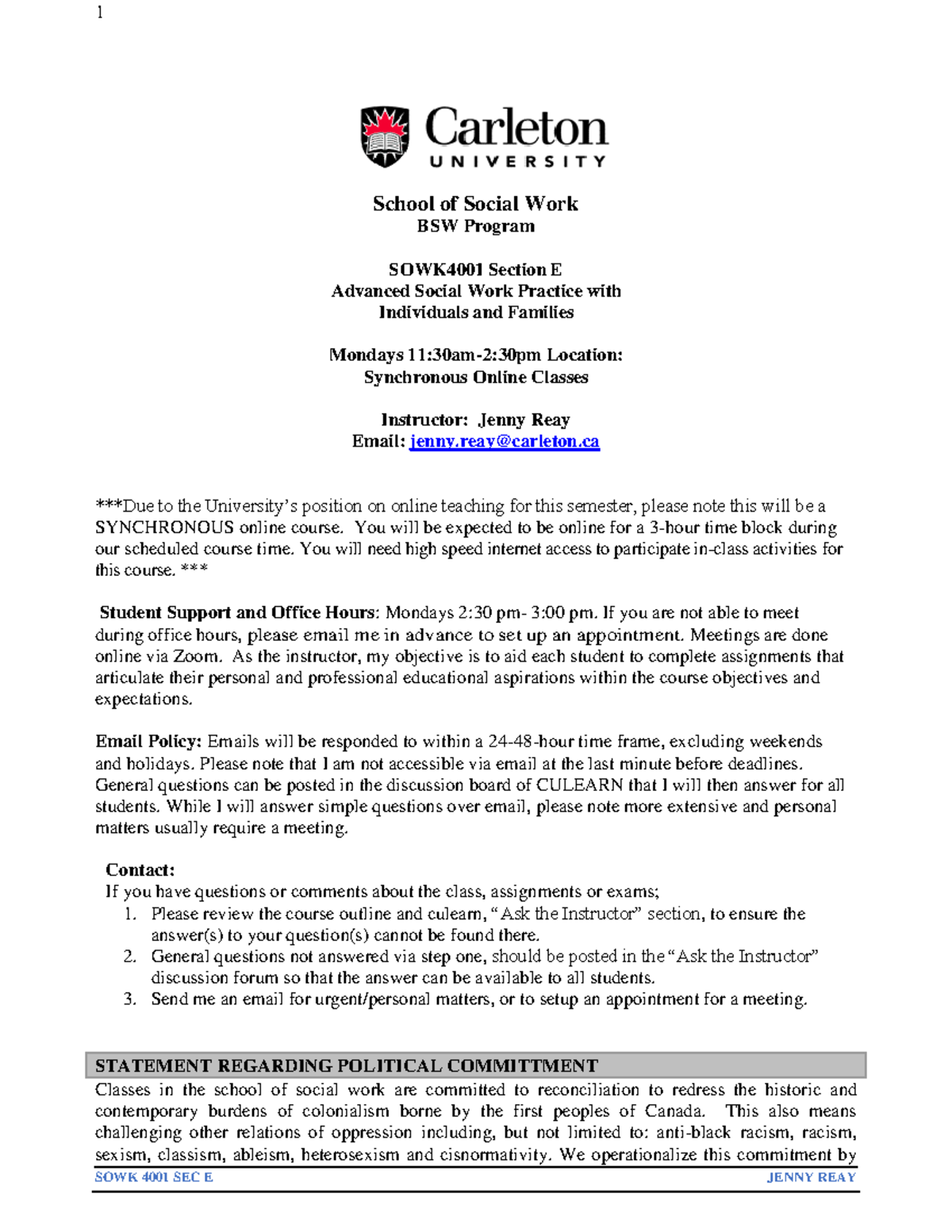 Course Outline 2021 - School of Social Work BSW Program SOWK4001 ...