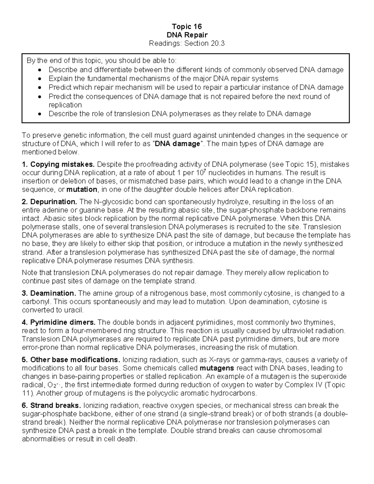 Topic 16 Lecture Notes - Topic 16 DNA Repair Readings: Section 20. To ...