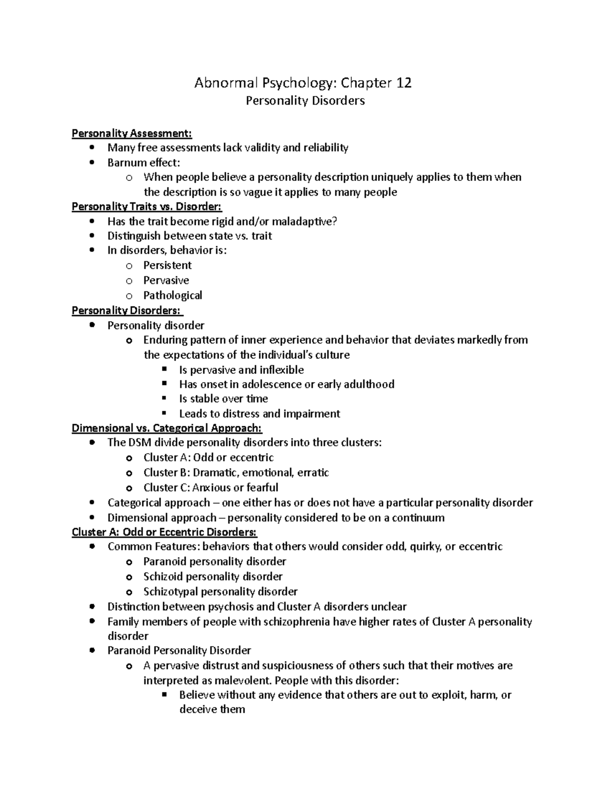 Abnormal Psychology: Personality Disorders - Studocu