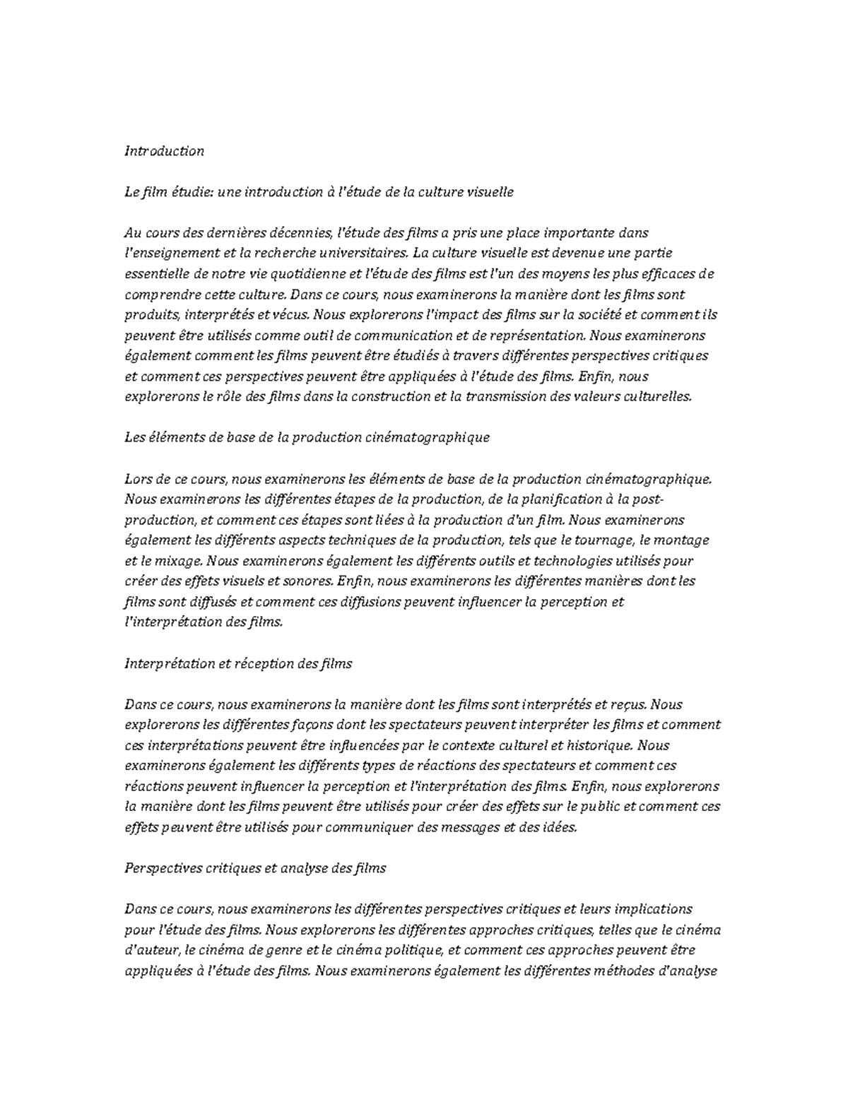 Film Studies Notes de cours - Introduction Le film étudie: une ...