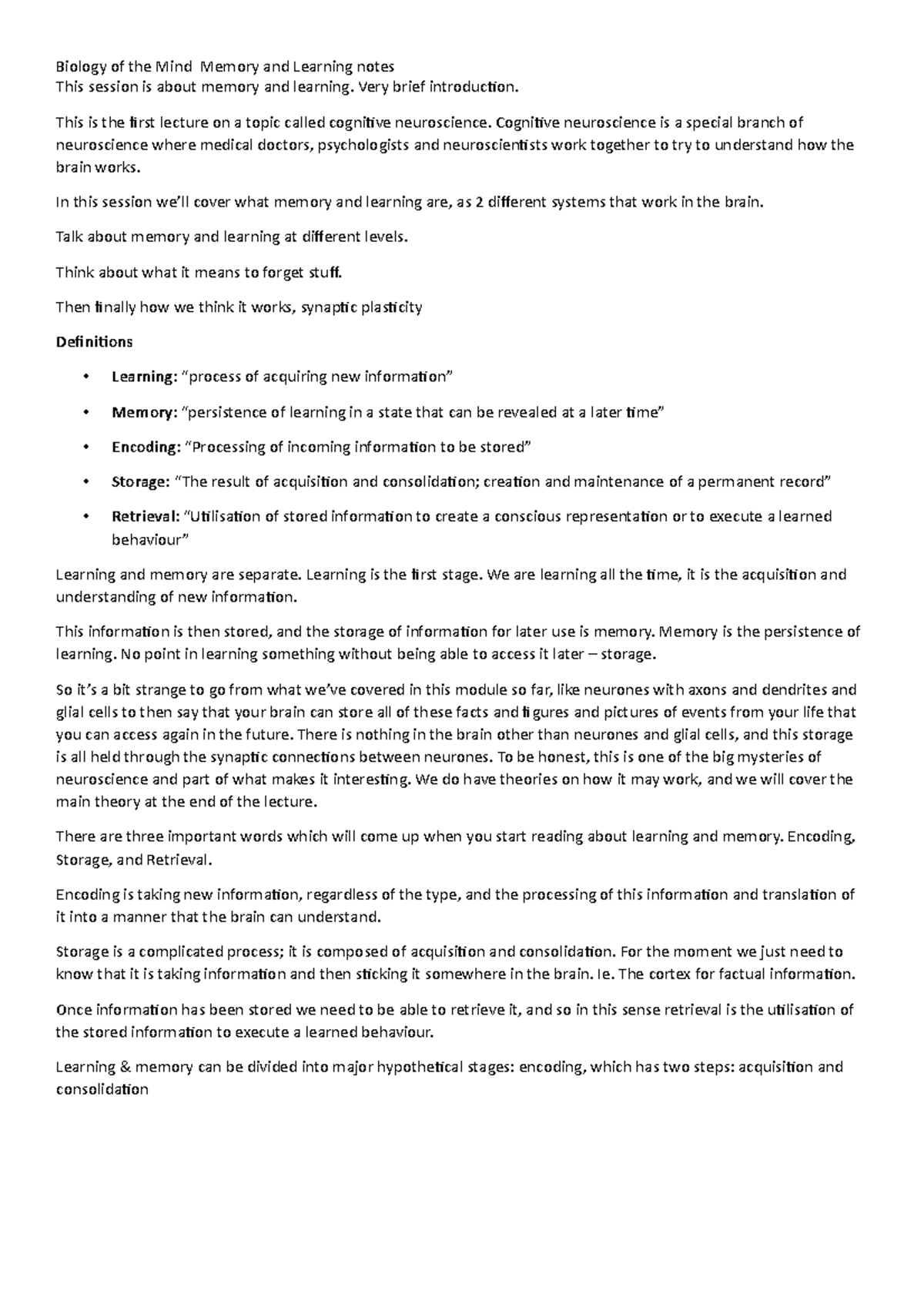 Lecture 14 Memory and Learning - This session is about memory and ...