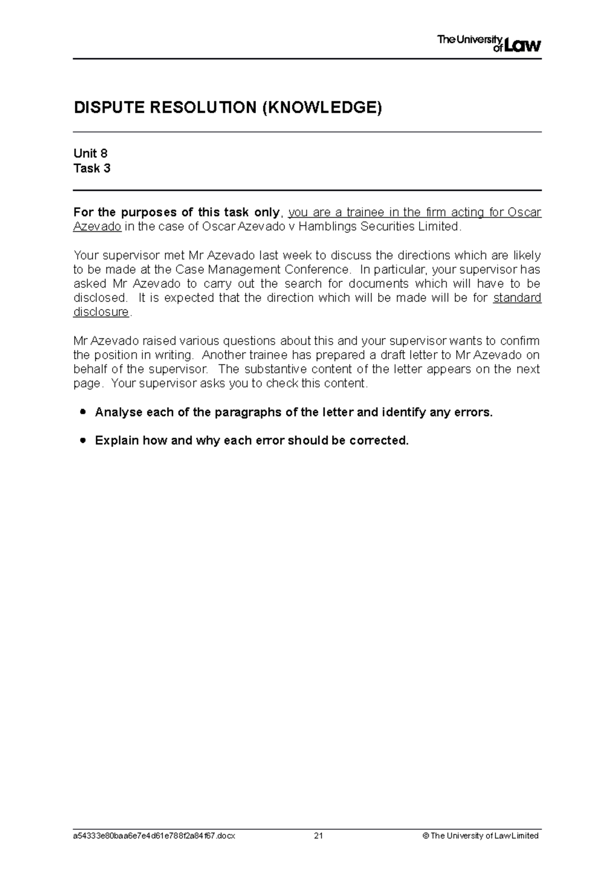 Dispute Resolution 8 Task 3 - DISPUTE RESOLUTION (KNOWLEDGE) Unit 8 ...
